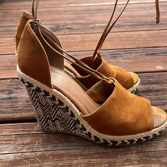 Sugar | Shoes | Sugar Brown Suede Lace Up Woven Platform Wedge Sandals ...